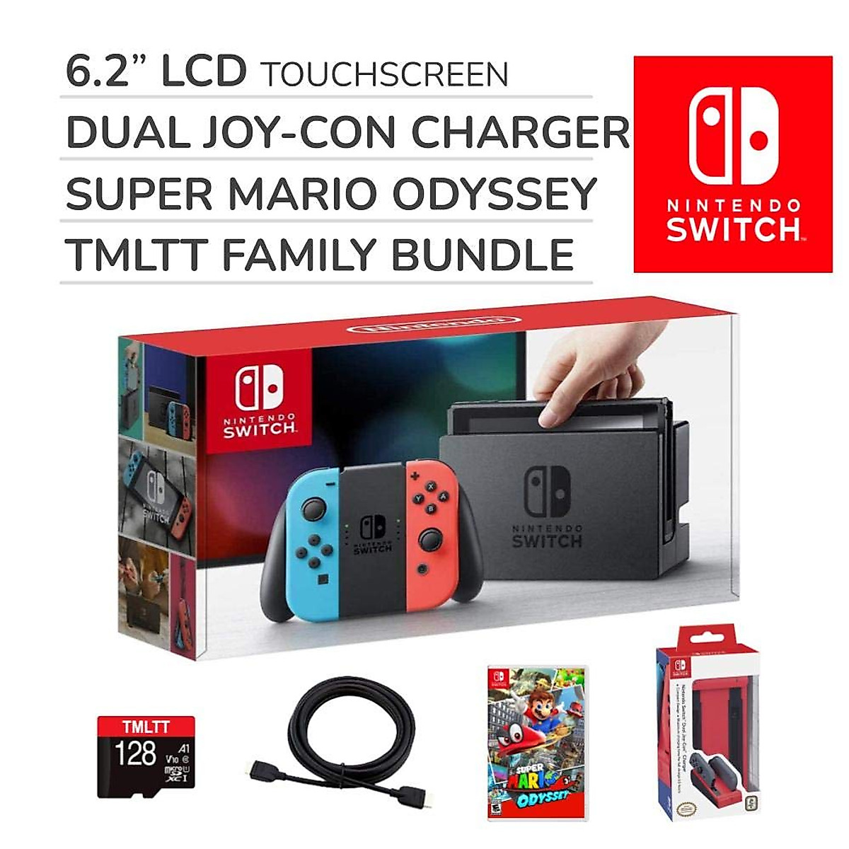 Nintendo 2020 Premium Switch 32GB Console Family Essential Bundle - Neon Red/Neon Blue Joy-Con, Super Mario Odyssey, Red Dual Joy-Con Charger, TMLTT 128GB MicroSD Card, HDMI Cable