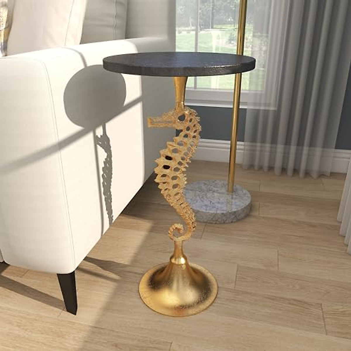 Deco 79 Aluminum Metal Sea Horse Side End Accent Table End Table with Black Marble Table Top, Side Table 13" x 13" x 25", Gold