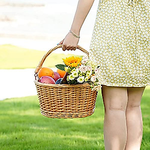 TwentyNext Wicker Picnic Basket with Double Folding Handles, Natural Large Willow Hamper Empty Basket Cheap Easter Eggs Candy Storage Wine Basket for Toy, Flower, Wedding Gifts（Red Stripe L）