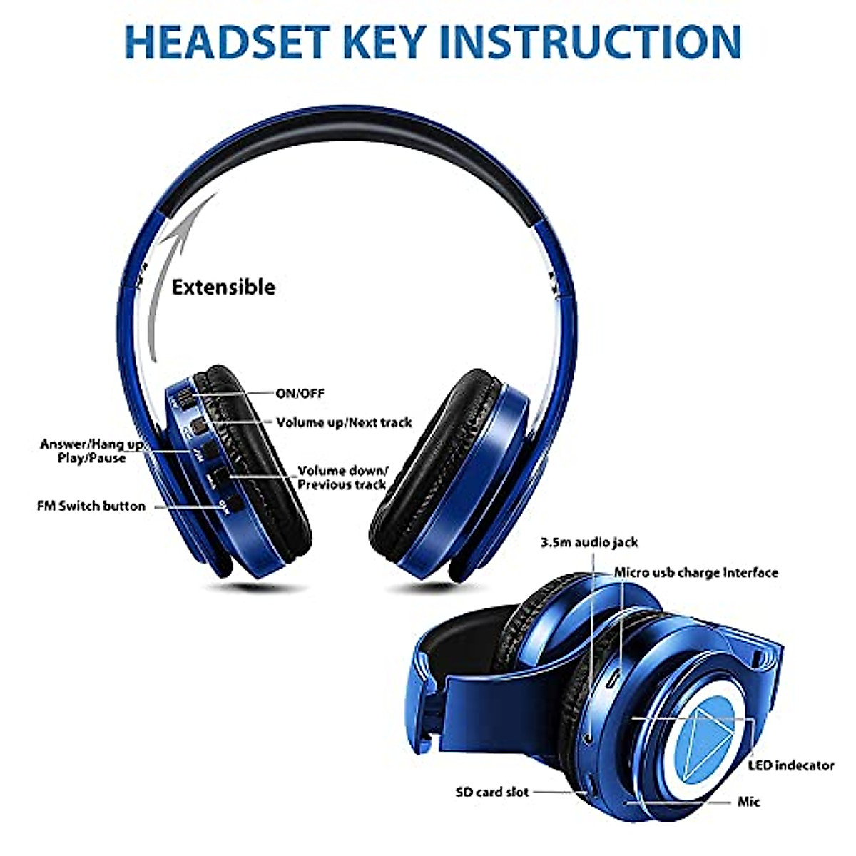 YTYC Nakano Miku Bluetooth Headphones, Miku Headphones,The Quintessential Quintuplets Manga Cartoon Cosplay Props,Folding Hi-Fi Stereo Miku Nakano Headphones with Build-in Microphone (Blue)