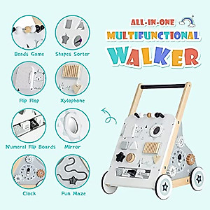 Wooden Baby Walker, Baby Push Walkers, Walker for Baby Boys and Girls, Baby Activity Center, Toddler Montessori Toys for 1+ Year Old, Kids Multi-Activity Learning Walker