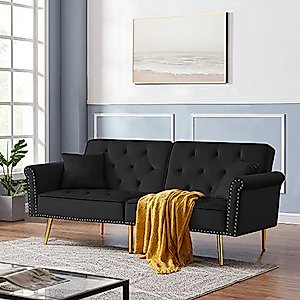 Zushule Futon Sofa Bed -Velvet Tufted Convertible Couch with 2 Pillows, Nailhead Trim, and Metal Legs- - Small Sofabed for Bedroom, Living Room, Apartment - Black with Gold Detail