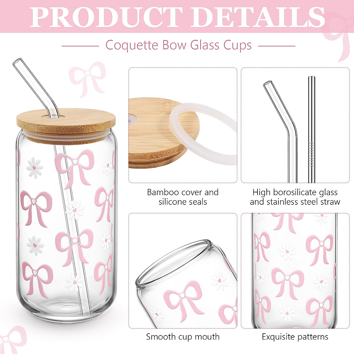 Coquette Bow Aesthetic Cup with Clear Gift Bag, Glass Cups with Lids and Straws, 16 oz Iced Coffee Smoothie, Beer Glass Cup Tumbler Trendy Glass Cup for Girls Bestfriend Sister Girlfriend (Pink Bow)