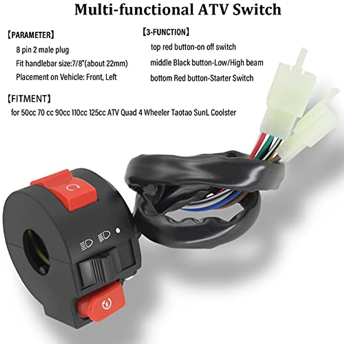 4 Wires Ignition Switch Key with Cap+3 Function Left Starter Switch Assembly for 50cc 70 cc 90cc 110 cc 125cc 150cc TaoTao SUNL Chinese ATV Quad 4 Wheeler 125cc Apollo Dirt Bike Scooter Parts