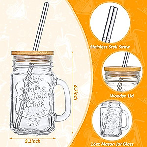 16 oz Jar Glass Mugs Cups with Handle Bamboo Lids Straws and Brush Set 3 Regular Mouth Jar Cups Juices Drinking Glasses Bottles 3 Bamboo Lids 3 Straws 1 Cleaning Brush Reusable Set Gift