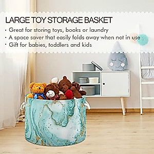 xigua Turquoise Marble Texture Large Round storage basket 20 x14 Inches Collapsible Round Storage Bin, Laundry Basket Organizer for Towels, Blanket, Toys, Clothes