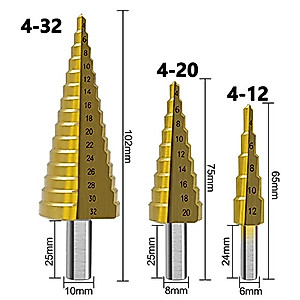 6PCS Step Drill Bits Set, HSS High Speed Steel for Stainless Steel, Metal, Wood, Plastic Drilling 4-32MM / 4-20 MM / 4-12MM / 6MM / 8MM / 3MM with Case for Woodworking, DIY Lovers…
