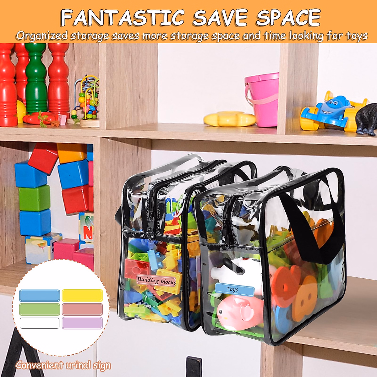 OPELETNNT 6 Packs Large Toy Storage Bags with Pockets, Reusable Clear PVC Board Game Storage with Labels, Travel Waterproof Organizer Bags Double Zipper for Building Blocks, Puzzle, Kids Books
