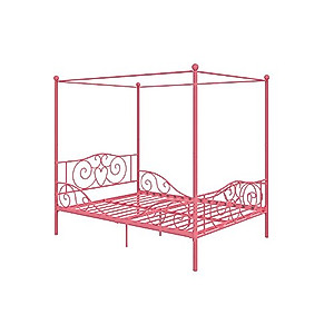 DHP Metal Canopy Kids Platform Bed with Four Poster Design, Scrollwork Headboard and Footboard, Underbed Storage Space, No Box Sring Needed, Full, Pink