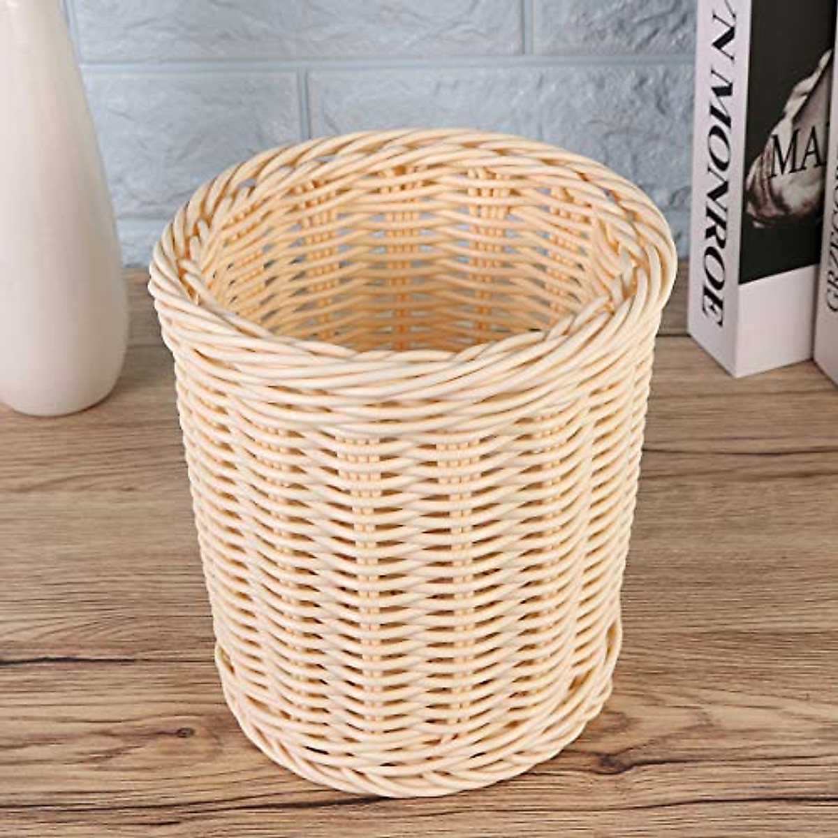 Zerodeko Woven Storage Baskets Round Rattan Waste Basket Woven Trash Can Paper Waste Basket Straw Wicker Sundries Storage Basket Garbage Container Bin for Bathroom Kitchen Beige Woven Baskets