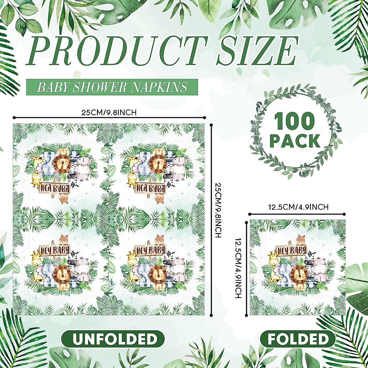 Yeaqee 100 Pcs Safari Baby Shower Napkins Jungle Animal Sage Green Paper Napkins 3 Ply Greenery Jungle Baby Shower Disposable Napkins for Animal Theme Birthday Party Supplies