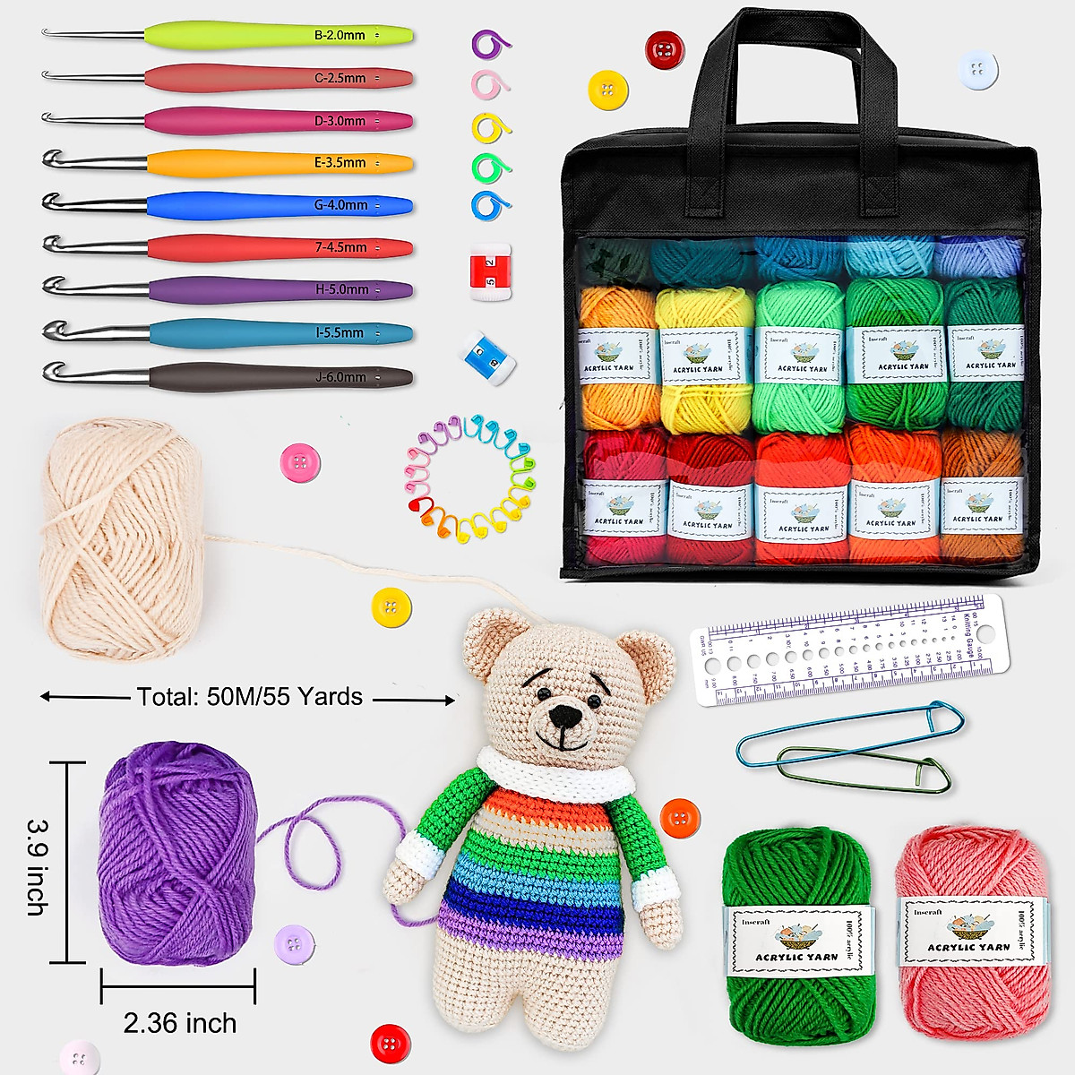 103 PCS Crochet Kit with Crochet Hooks Yarn Set, Premium Bundle Includes 1650 Yards Acrylic Yarn Skeins Balls, Needles, Accessories, Bag, Ideal Starter Pack for Kids Adults Beginner Professionals