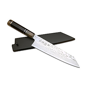 Yoshihiro Hayate ZDP189 Suminagashi Super High Carbon Stainless Steel Kiritsuke Knife Octagonal Ebony Wood Handle with Triple Ring (8.25" (210mm))