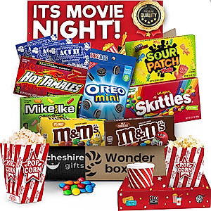 Movie Night Basket Gift Set – with Candy Variety Pack, Movie Trays, Movie, Movie Snacks & Popcorn Gift Set – Gift Baskets For Families by Cheshire Gifts