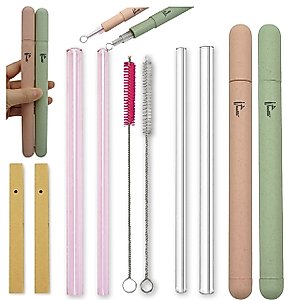 Ipretti 2 Packs Reusable Glass Drinking Boba Smoothie Straws with Wheat Straw Portable Cases,Cleaning Brushes,7mm/12mm x 8.27",Bubble Tea (Clear+Pink)