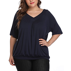 andy & natalie Women's Plus Size Tops Pleated V Neck Loose Baggy Blouse T Shirts Blue