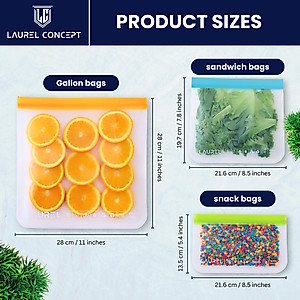 LAUREL Reusable Freezer Silicone Food Storage Bags -10 Pack+2 Gift, PEVA Silicone Bags for Food Storage, Reusable Plastic Free Ziplock Bags (3 Gallon Freezer Bags + 4 Sandwich Bags + 3 Snack Bags)
