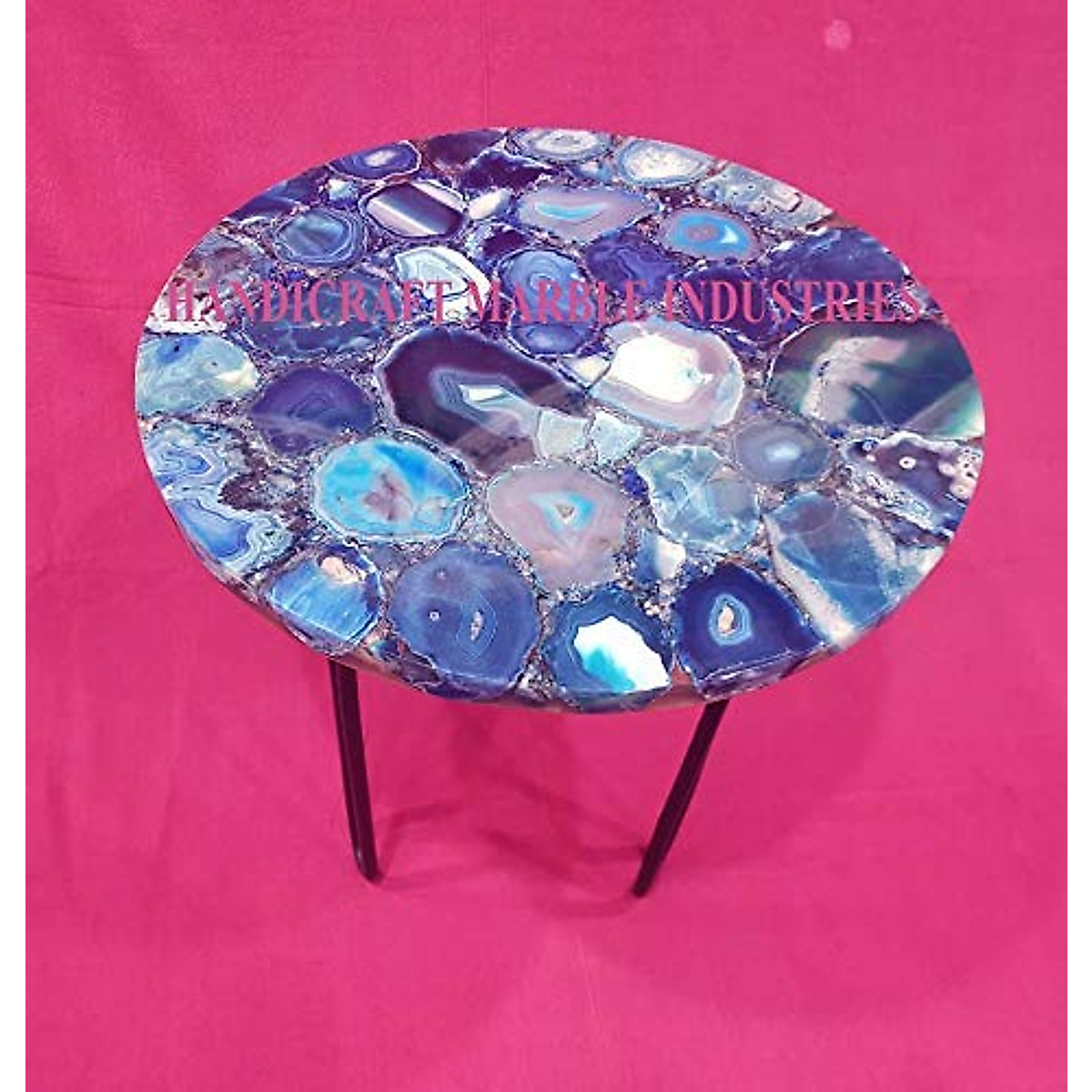 15" Inch Agate Table, Round Blue Agate Coffee Table with Hair Pin Style Metal Base, Stone Coffee Table, Agate Table Top, Agate Round Coffee Table, Agate Side Table Home Decor