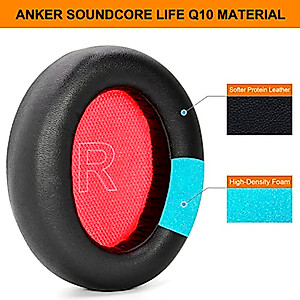 defean Life Q10 Earpads Replacement Ear Cushion Cover Ear Pads Cushion Compatible with Anker Soundcore Life Q10 / Q10 Bluetooth Headset, Softer Leather,High-Density Noise Cancelling Foam (Black-red)