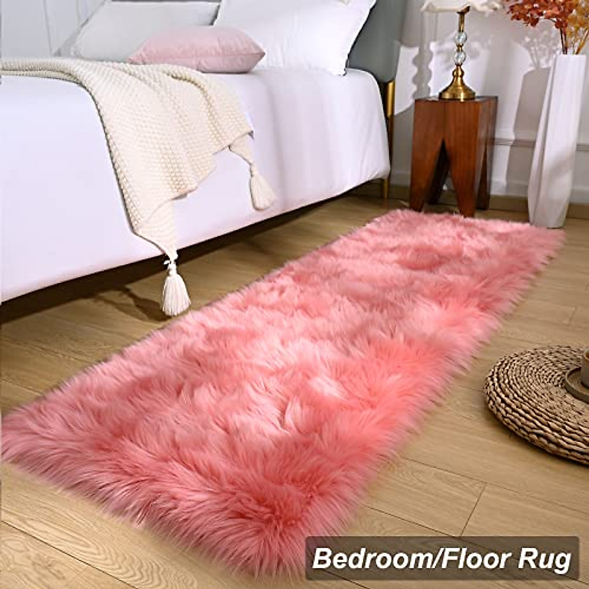 Rtizon 2 PCS Faux Fur Washable Rug, 2 x 5.9 Feet and 2 x 4 Feet Coral Fluffy Sheepskin Rug for Girls Bedroom Livingroom Floor Cushion Home Decor Bedside Carpet, Furry Chair Cover Seat Pad Mat
