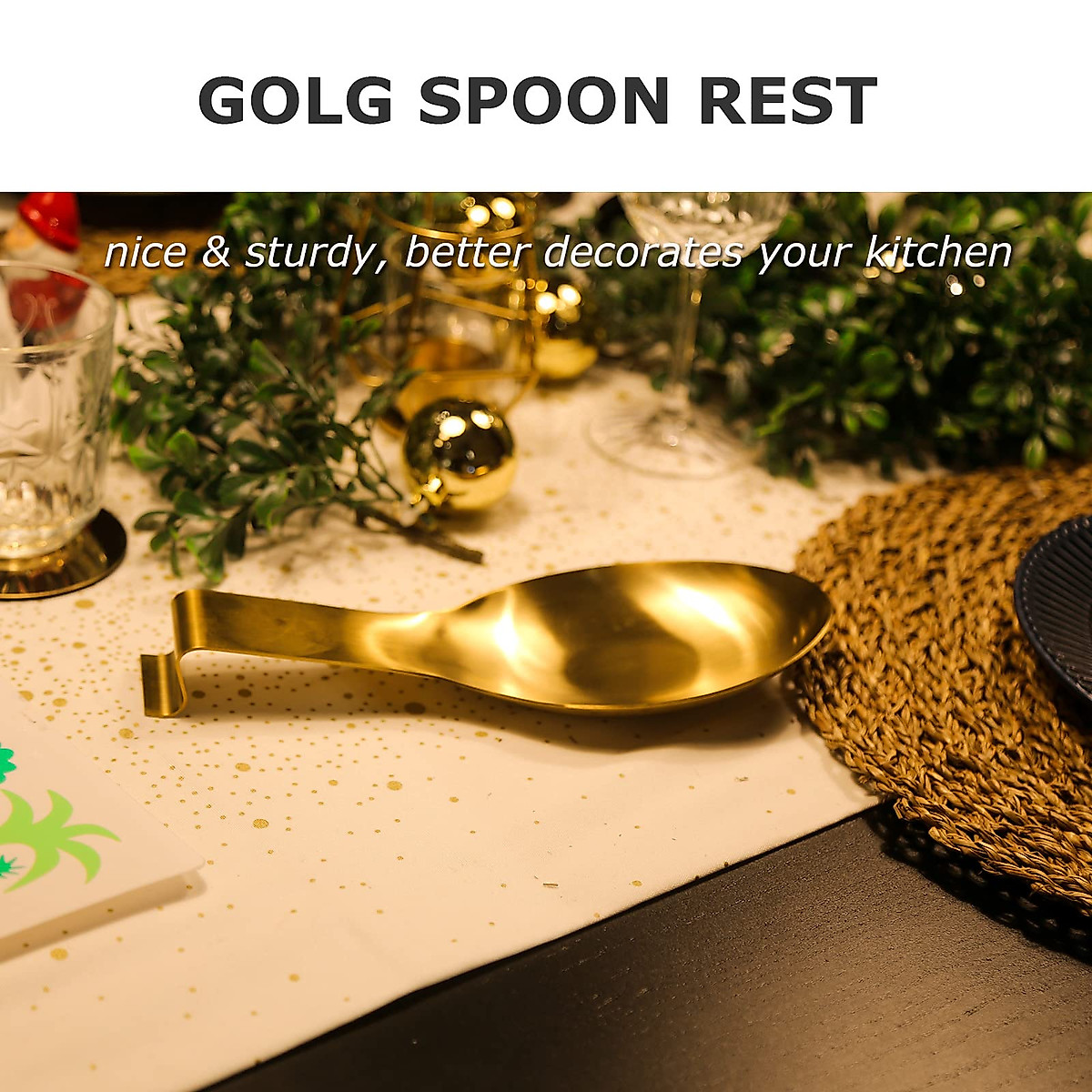Stainless Steel Spoon Rest, VOJACO Gold Spoon Rest for Kitchen Counter Stove Top, Spatula Ladle Spoon Cooking Utensils Holder, Gold Kitchen Accessories, Dishwasher Safe