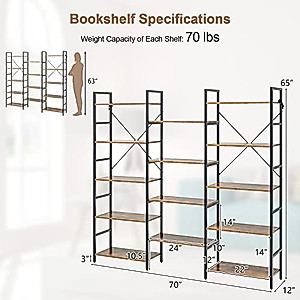 Giantex Triple 5-Tier Industrial Bookshelf- Freestanding Metal Frame Ladder Bookcase with 14 Open Shelves, Wooden Large Display Open Shelving for Living Room Home Office Study, Rustic Brown
