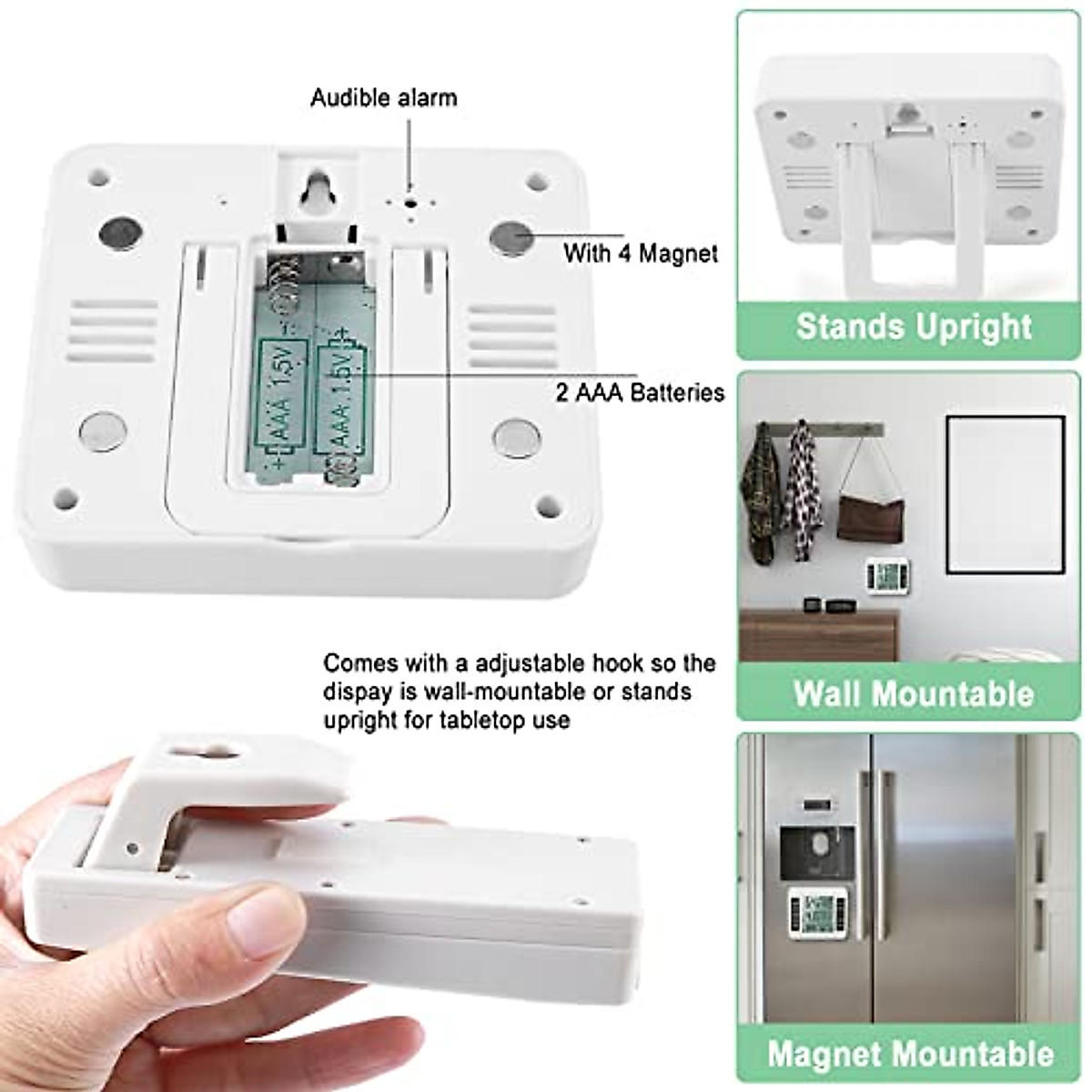 plplaaobo Therometer, 2pcs Refrigerator Temperature Sensor Wall-Mounted Wireless with Min/Maximum LCD Display, Portable Digital Alarm Thermometer with Adjustable Hanging Hook for Homes Offices