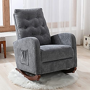 Rocking Chair Glider Chair for Nursery Comfortable Rocker Fabric Padded Seat with Side Pocket Upholstered Rocking Chairs with High Back for Living Room Baby Kids Room Bedroom (Dark Grey)