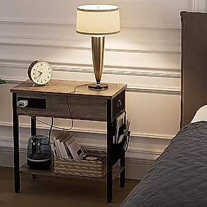 23 "End Table with Charging Station- Flip Top Narrow Side Tables With Storage Drawers/USB Ports/Outlets Sofa Couch Bedside Table Night Stand Furniture for Living Room Bedroom Office Small Spaces