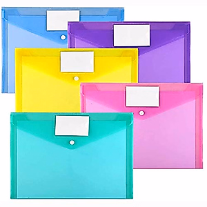 Sooez 10 Pack Plastic Envelopes Poly Envelopes, Clear Document Folders US Letter A4 Size File Envelopes with Label Pocket & Snap Button for Home Work Office Organization, 5 Assorted Colors