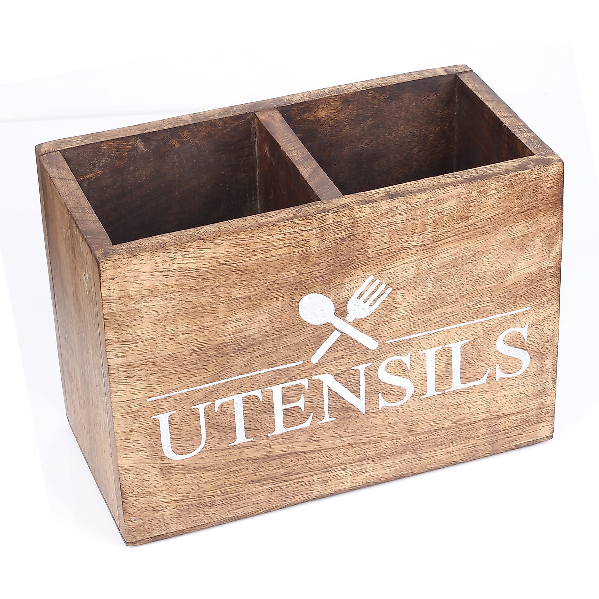 ARTISENIA Wooden Kitchen Utensil Holder With 2 Compartments Wood Utensil Organizer for Cutlery, Napkins, Cups Caddy Organizer | 9.5 X 5 X 7 Inch