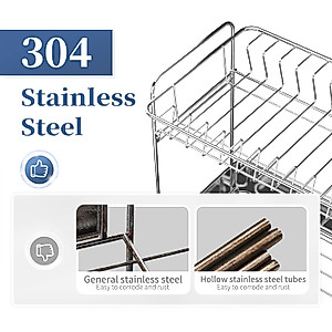 Kitsure 2-Tier Dish Rack, Large Capacity, Stainless Steel, Dish Drying Rack with Drainboard, Multifunctional Kitchen Dish Rack for Dishware