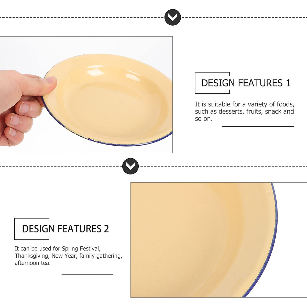 Yardwe Enamel Plate, 4PCS Enamelware Dinner Plate Serving Platter Tray, Retro Yellow Round Shallow Bowls with Blue Rim for Pasta, Salad- Durable and Reusable