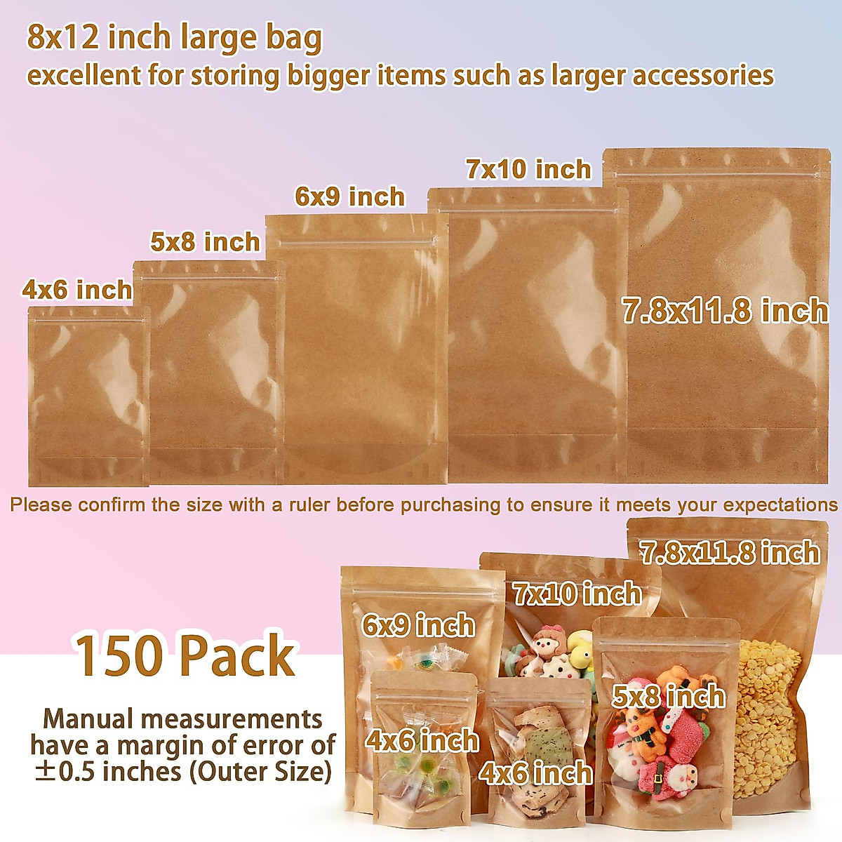 150-Pack Kraft Bags with Window 8 x 12" Reclosable Large Stand Up Mylar Bags for Food Storage Resealable Smell Proof Zip Lock Pouch, Edible Packaging, Reusable bags for Small Business