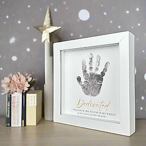 The Grandparent Gift Company- White Shadowbox Frame 6 x 6 Table or Shelf Frame with “Dedicated” Sentiment- Baby Handprint Dedication Gifts