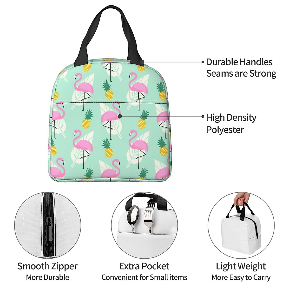 Echoserein Pink Flamingo Pineapples Palm Leaves Lunch Bag Insulated Lunch Box Reusable Lunchbox Waterproof Portable Lunch Tote For Men Women Girls Boys