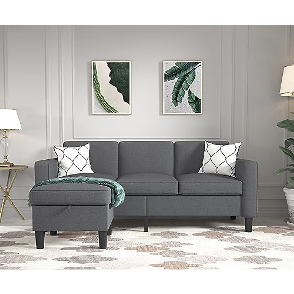 Sectional Sofa Couch Convertible L-Shaped Couches with Storage Ottoman Dark Grey 3 Seater Modern Linen Fabric Futon Sleeper Furniture Set for Living Room Apartment Loft Small Spaces