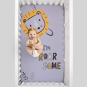 Little Love By Nojo Roarsome Lion, Grey, Yellow, White "I'M Roar Some" Photo Op Fitted Crib Sheet, Yellow, Grey, White, Charcoal
