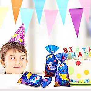 100 Pcs Shark Candy Bags Cute Blue Shark Cellophane Bags Blue Shark Gift Treat Bags Plastic Goodie Bags with 150 Ties Shark Birthday Party Decorations Favors for Boys Shark Themed Baby Shower Party