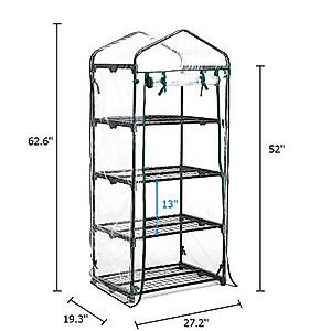 Greenhouse 4 Tier Mini Greenhouse 63x28x20 in Portable Garden Green House, with Zippered PVC Cover, Metal Shelves for Garden Yard Patio Indoor Outdoor, Extra Hooks Wind Ropes 8 Net Rack Buckles