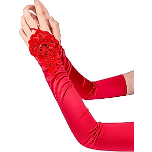 SAVITA Fingerless Long Red Gloves Pierced Elbow Length Satin Gloves 19" Stretchy Opera Evening Party 1920s Gloves for Women
