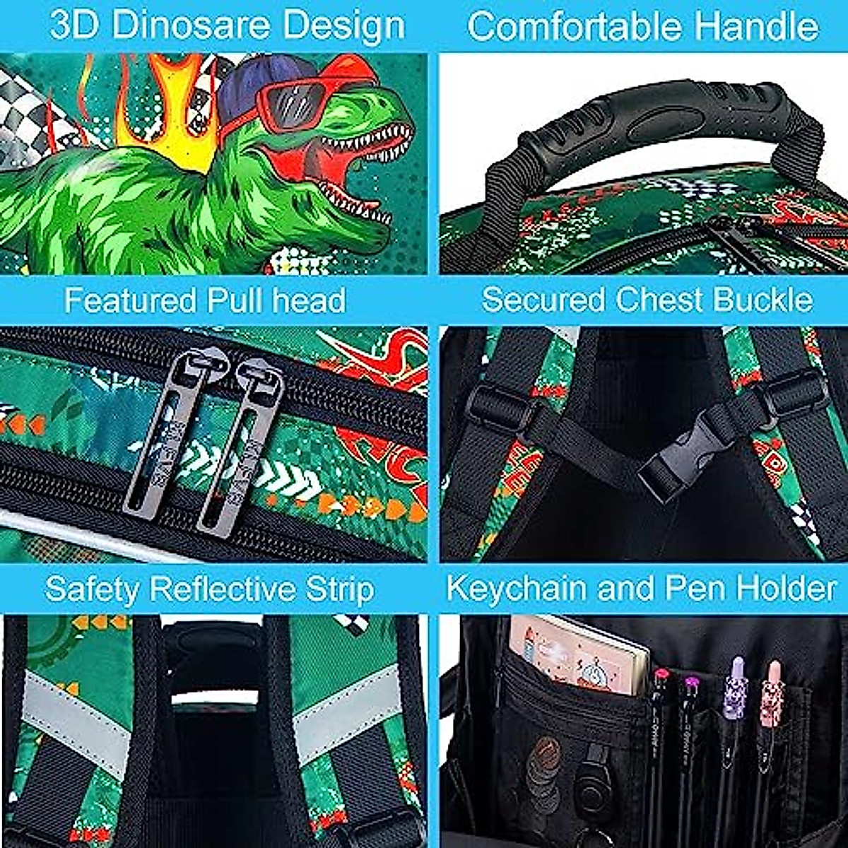 UFNDC 3PCS Dinosaur Backpack, 3D Boys Bookbag with Lunch Box, Kids Water Resistant School Bag for Elementary Toddler