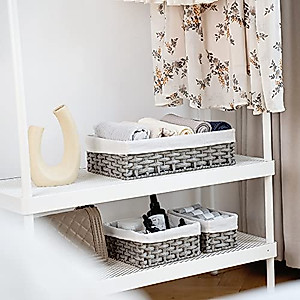 FairyHaus Wicker Baskets for Organizing 3 Pack, Waterproof Small Wicker Storage Basket for Shelves Rectangle, Nesting Lined Grey Wicker Basket