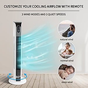 CUUD Oscillating Tower Fan Powerful Cooling Fan with Remote Control Electric Portable Standing Bladeless Floor Fan with 3 Wind Speeds,Timer, LED Display for Bedroom Kitchen Office (34inch, White)