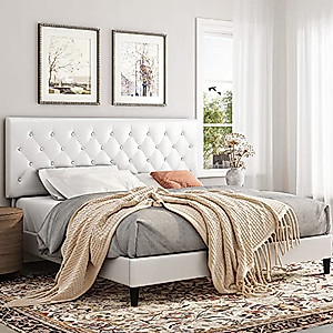 Keyluv Upholstered Platform Bed Frame with Button Tufted Headboard, Faux Leather, Wooden Slats Support, No Box Spring Needed, Easy Assembly, King Size, White