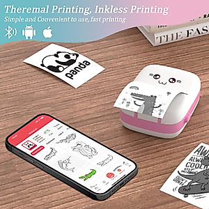 Inkless Sticker Printer, Mini Pocket Thermal Sticker Printer, Bluetooth Pocket Portable Printer with 13 Rolls Thermal Paper, Compatible with IOS and Android Phone for Photo, Memo, Notes(Pink).