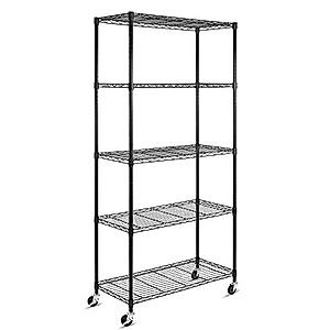 WDT 5-Shelf Shelving Units on Wheels Casters, Adjustable Heavy Duty Metal Shelf Wire Storage Rack for Home Office Garage Kitchen Bathroom Organization(16”Wx36”Dx75”H), Black
