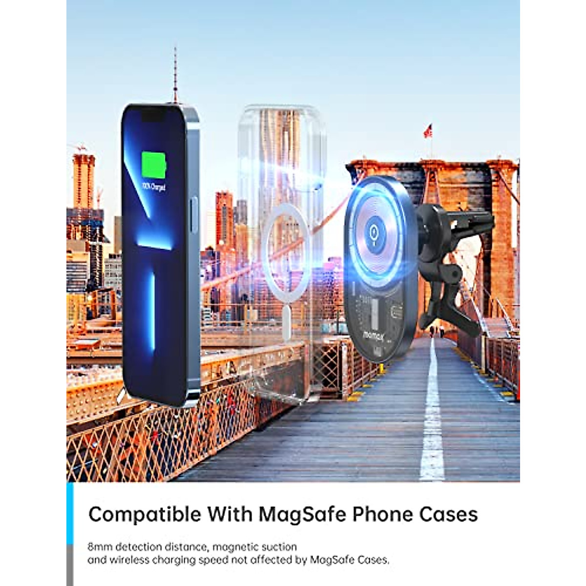 MOMAX Magnetic Wireless Charging Car Charger, Transparent Mag-Safe Compatible Charging Air Vent Mount, Compatible with iPhone 14/14 Max/14Pro/14Pro Max/13/13 Pro/13 Pro Max/12Series and Magnetic Case