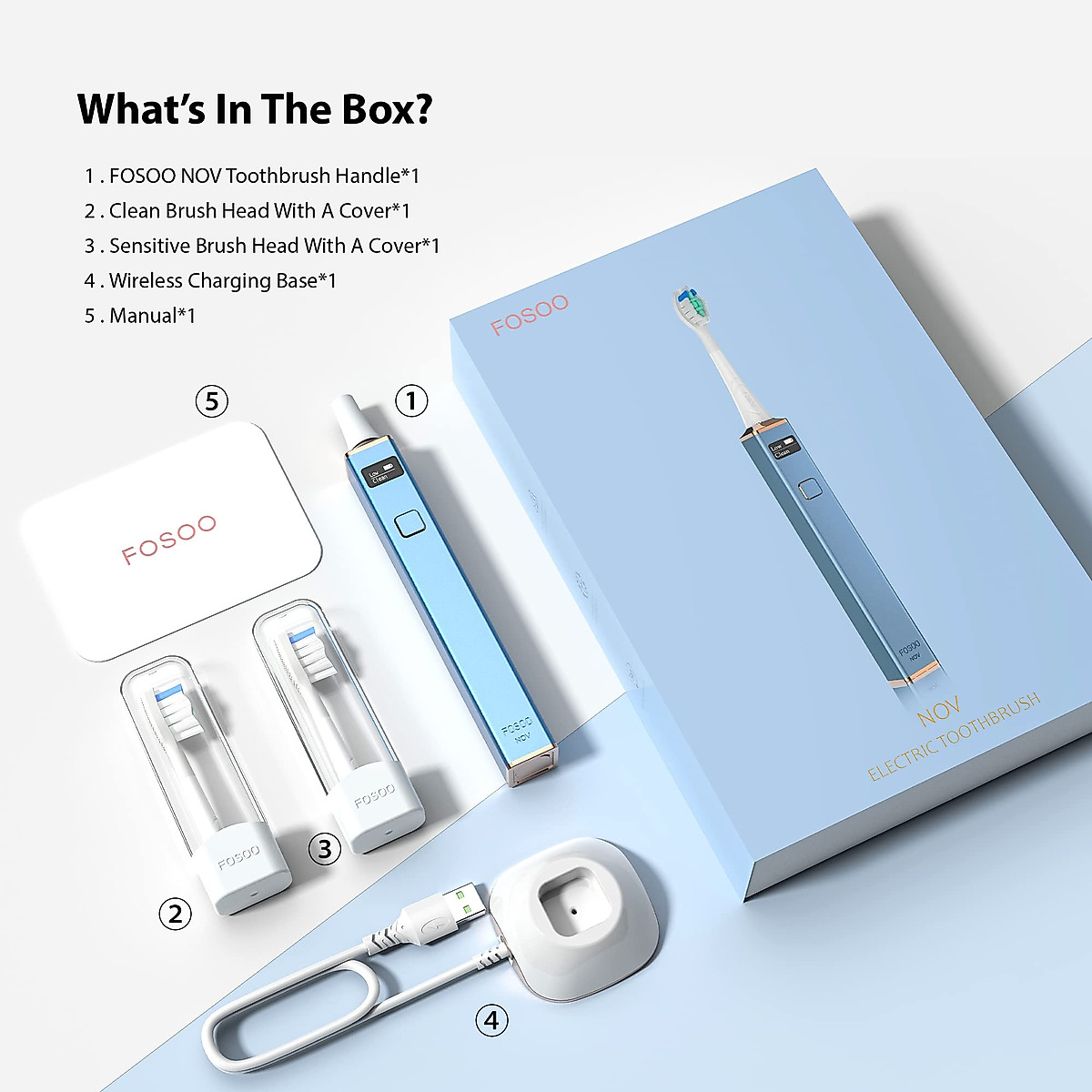 FOSOO Sonic Electric Toothbrushes for Adults, Toothbrushes Electric Rechargeable with 90 Days Battery Life,38000vpm,3 Modes,2 Min Smart Timer,OLED Display,Metal Cover w 3 Colors Optional (Blue)