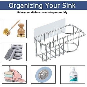 LANIPHIA 3-in-1 Sponge Holder for Kitchen Sink, Stainless Steel Adhesive Sink Caddy, Kitchen Sink Caddy Organizer for Sponge, Brush and Sink Stopper